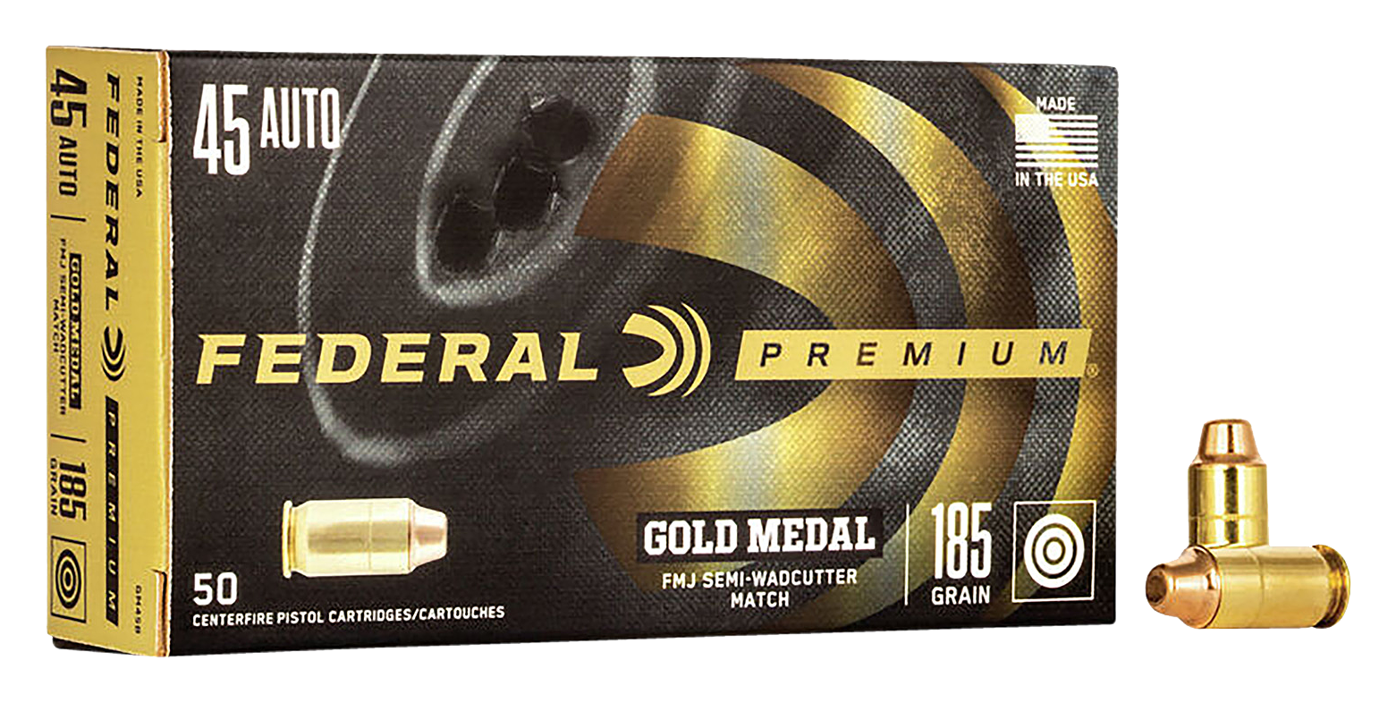 Federal Premium Gold Medal .45 ACP 185 Grain FMJ Semi-Wadcutter Handgun ...
